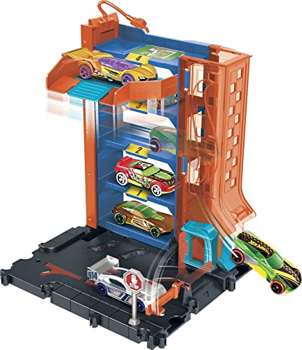 Hot Wheels City Toy Car Track Set Downtown Car Park Playset with 1:64 Scale Vehicle, 4 Levels, Working Lift & Exit Chute
