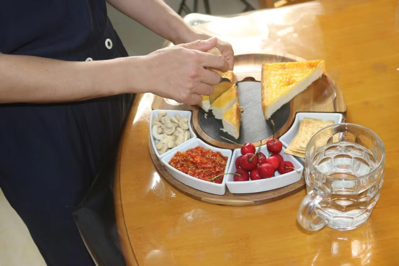 Acacia Wood Cheese Cutting Board Set - Charcuterie Board Set and Cheese Serving Platter with Utensil Set and Ceramic Bowls Slate Cheese Boards Perfect Meat/Cheese Board and Knife Set for Entertain