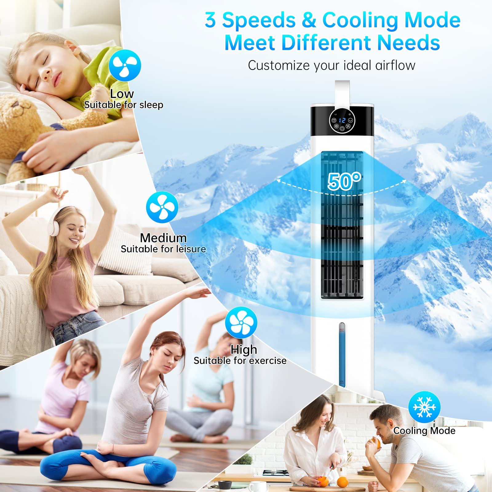 Evaporative Air Cooler, Portable Air Conditioner Fan, 35'' Evaporative Cooler with 3 Speeds & 52°Oscillation, 12-H Timer Remote Control Swamp Cooler w/Cooling Function for Home & Office