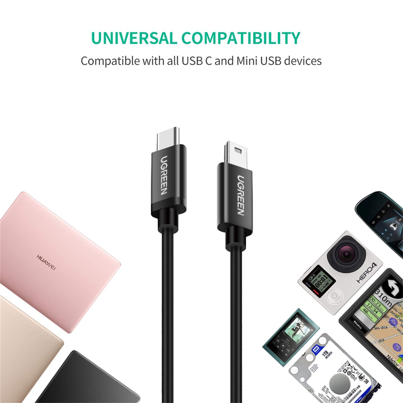 UGREEN Mini USB to USB C Cable 3FT Mini USB to Type C Compatible with Digital Camera MP3 Player GPS Receiver and More Mini B Devices PVP Black