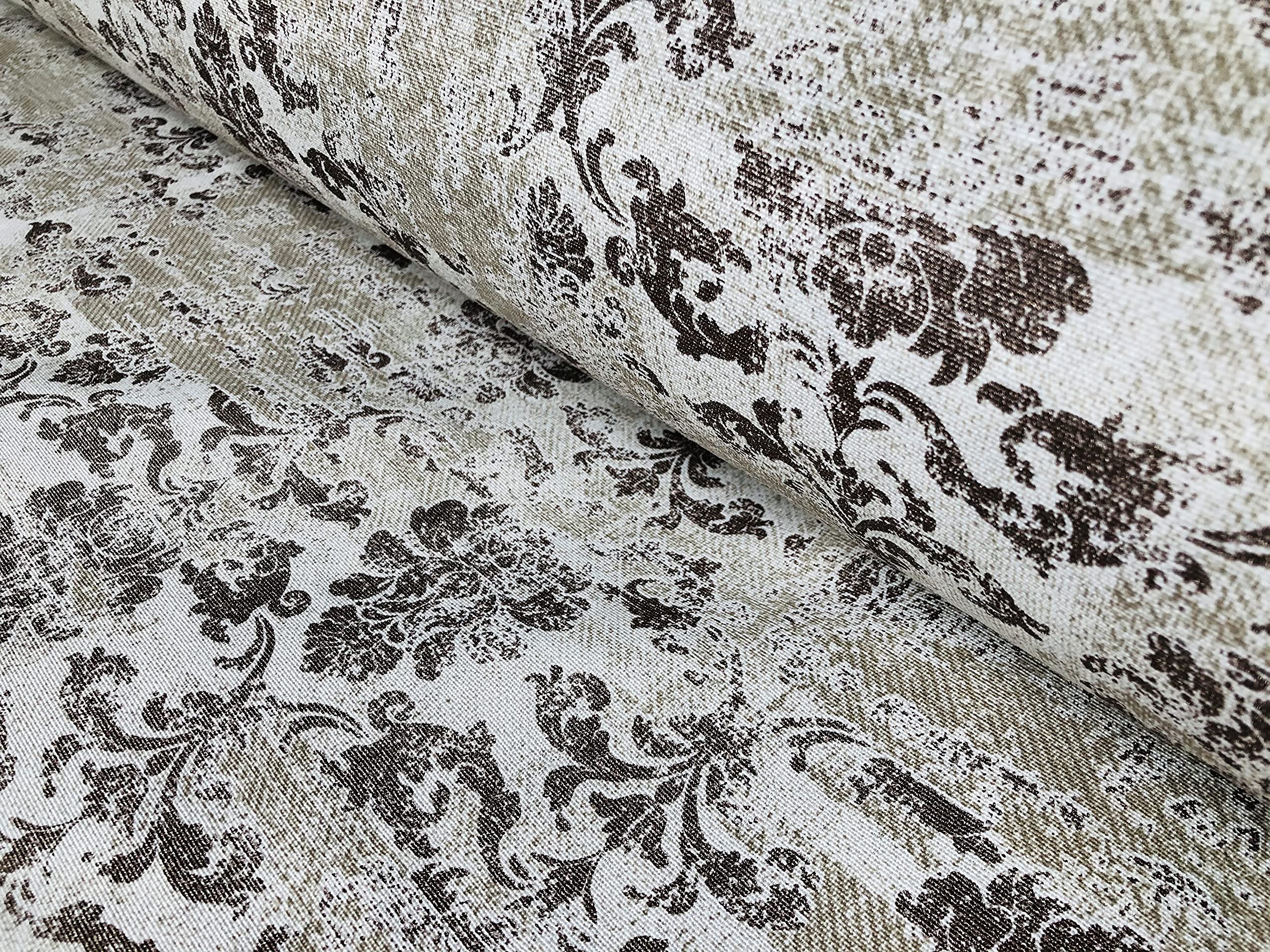 Antique Vintage Damask Print Fabric Baroque Material for Curtains Upholstery Dressmaking - 55'' Wide - Brown & Cream Canvas (Sold by The Yard)
