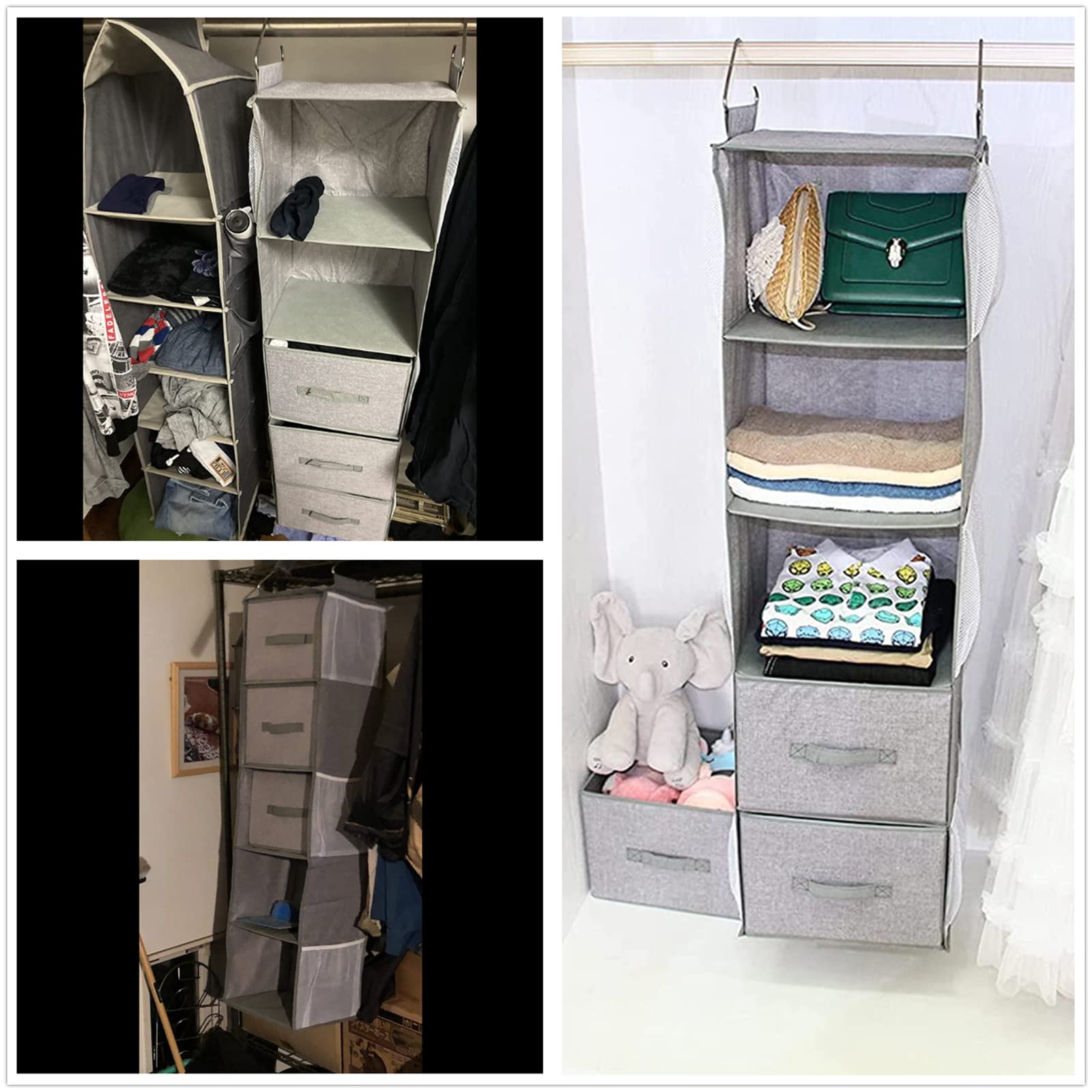 FOKICOS Hanging Closet Organizer 5 Shelf Storage Shelves with 3 Divisible Drawer Washable No Cardboard for Clothes Grey