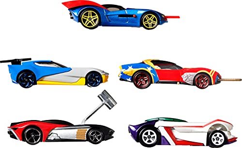 Hot Wheels Dc Toy Character Car 5-Pack in 1:64 Scale: Superman, Batman, Wonder Woman, the Joker Gt & Harley Quinn