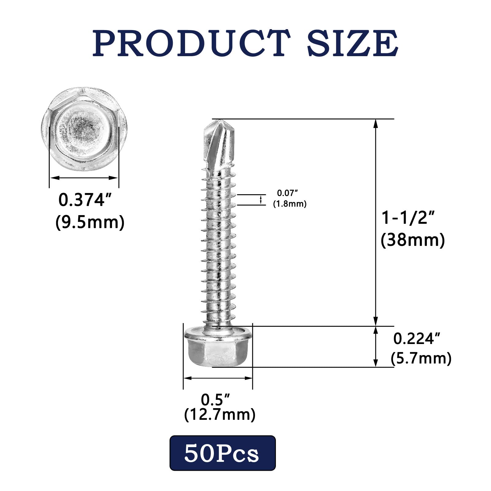 50PCS Stainless Steel #14x1-1/4" Hex Washer Head Self Drilling Screws, Self Tapping Sheet Metal Tek Screws