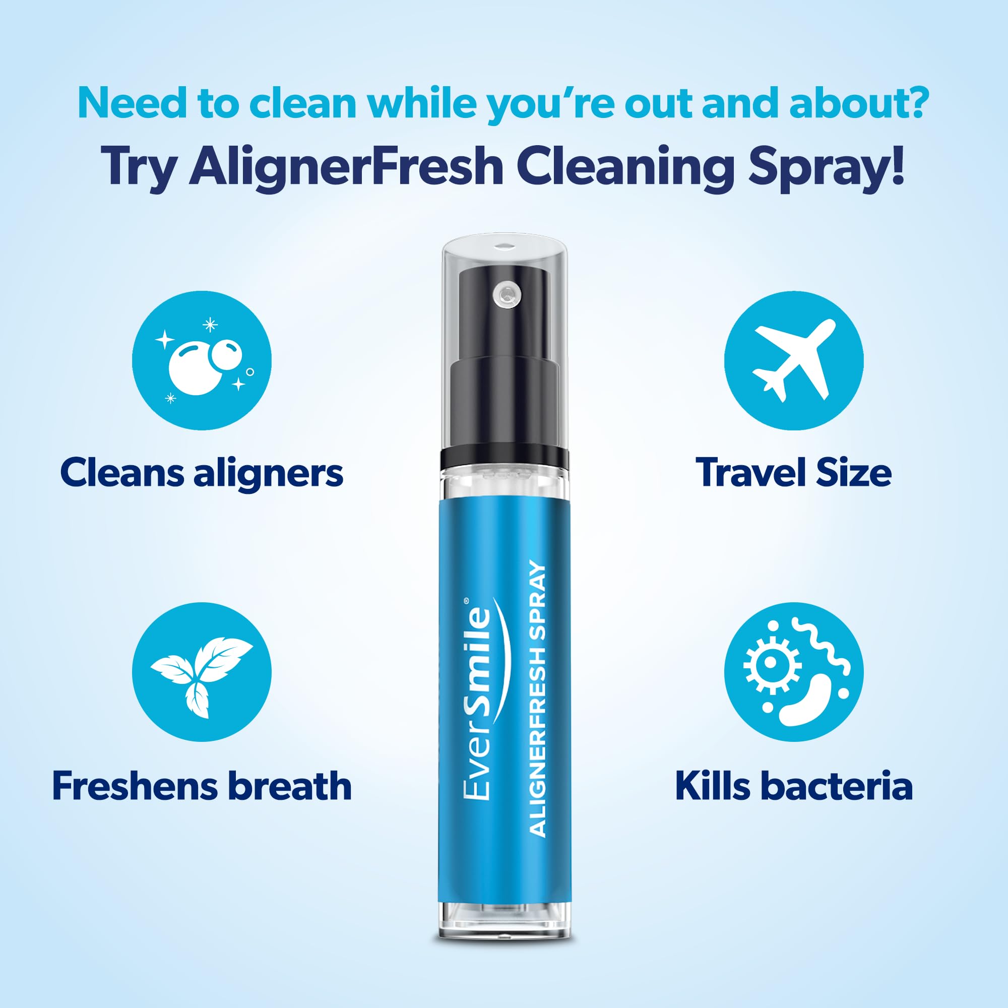 EverSmile AlignerFresh Cleaning Spray for Invisalign and All Clear Aligners and Retainers β On-the-Go Cleaning & Teeth Whitening, Kills Bacteria, Fights Bad Breath β Mint Flavor, 10ml (2 Pack)