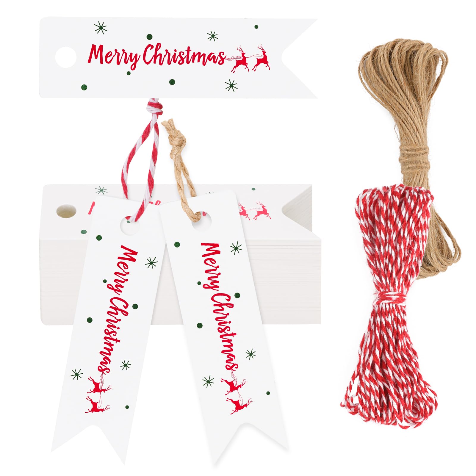 Anwyll Small Christmas Gift Tags,100Pcs Xmas Gift Tags,Deer Merry Christmas Gift Wrapping Tags Design with String,Mini White Christmas Hanging Paper Gift Tags for Present Holiday Christmas Party Decor