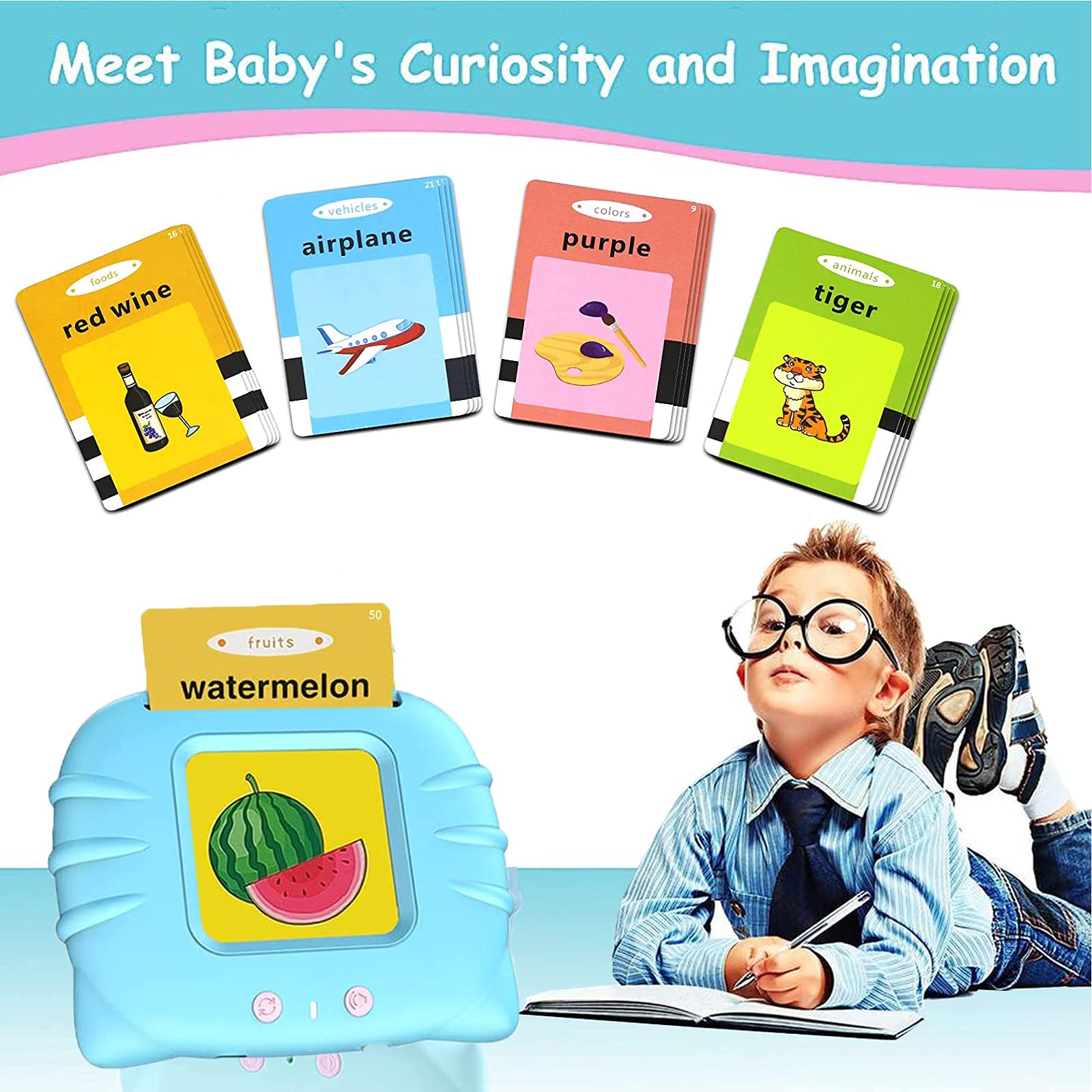 Educational Toddler Toy Flashcards Device,WONFAST 112PCS Double-Sided Illustrations Words Audible Preschool Learning Flash Cards Reader for Kids Boys Girls Birthday Christmas Children Gifts (Blue-1)