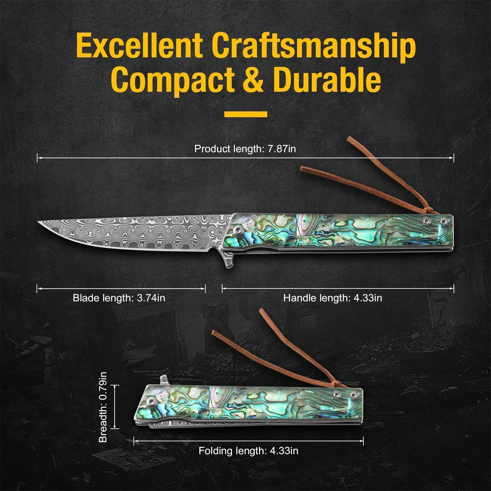 AUGENWEIDE Damascus Steel Pocket Knife, Abalone Handle, Damascus Knife with for Men, Great As Father's Valentine's Day Christmas Day Gift (A-KNIFE WITH SHEATH)