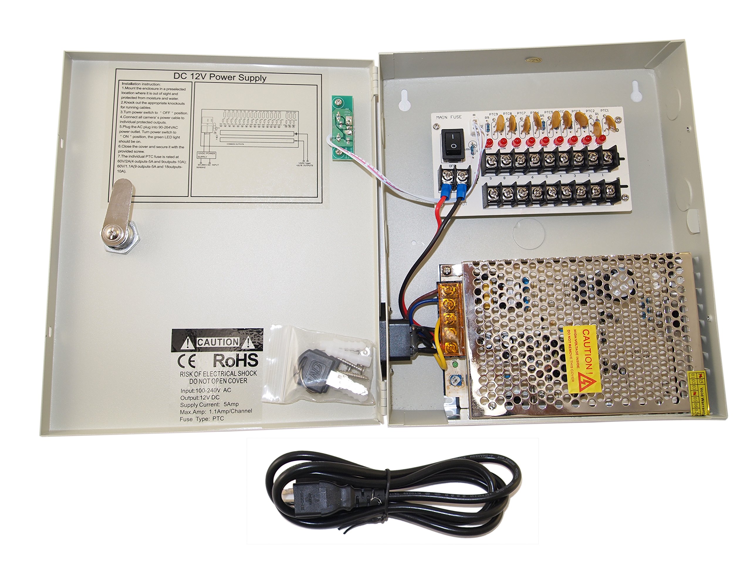EVERTECH 8 Channel 9 Port Power Box Security Camera 12V DC 5A Ampere CCTV DVR Power Supply Switch Box Key Locked