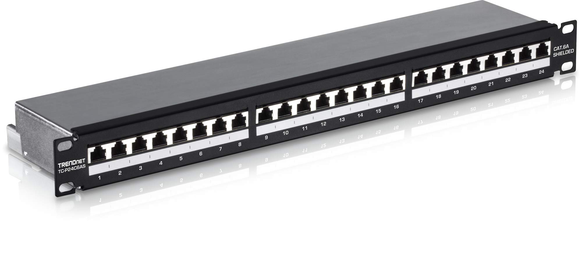 TRENDnet 24-Port Cat6A Shielded Patch Panel, 1U 19" Metal Housing, 10G Ready, Cat5e,Cat6,Cat6A Compatible, Cable Management, Color-Coded Labeling for T568A and T568B Wiring, Black, TC-P24C6AS