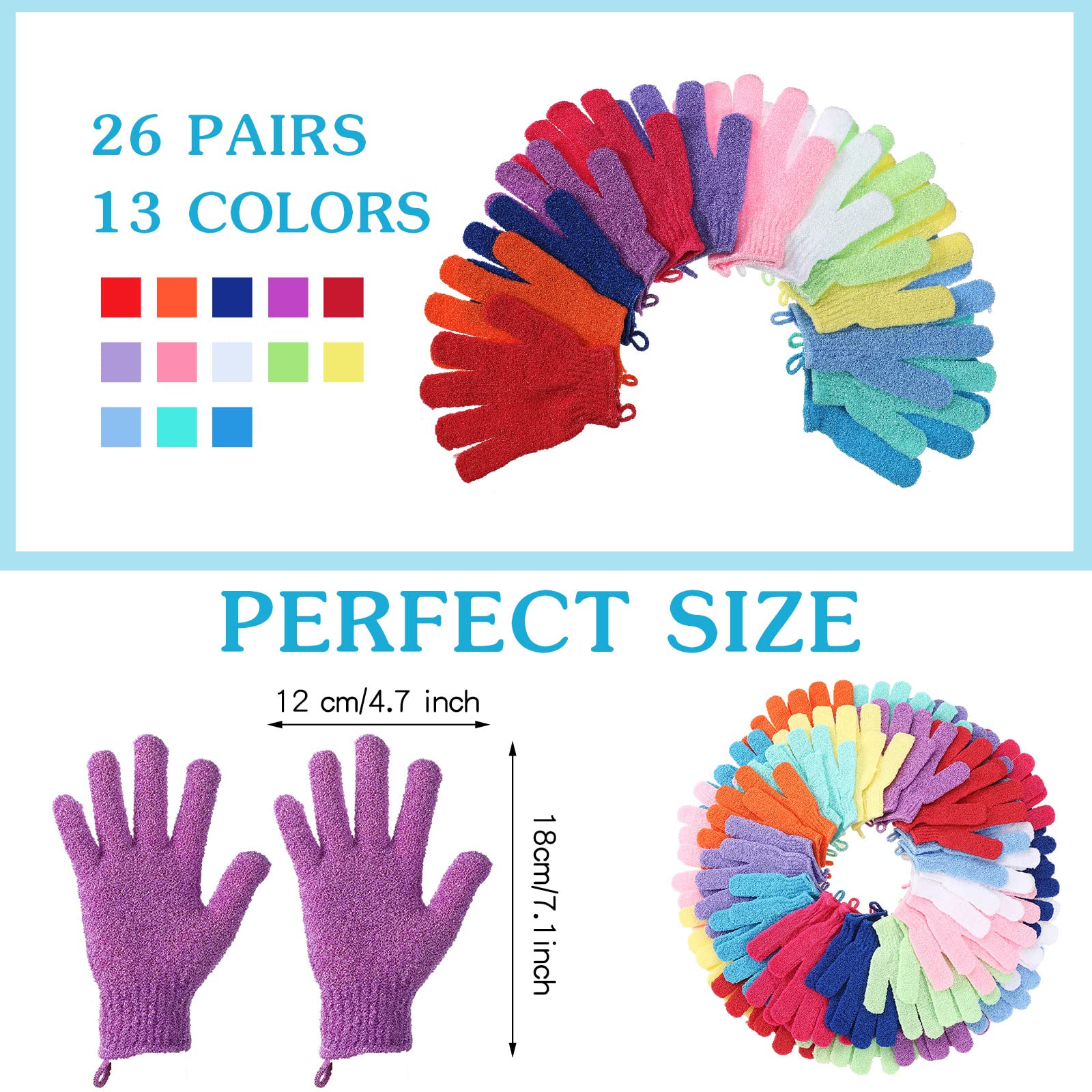 52 Pcs Exfoliating Shower Gloves Exfoliating for Body with Hanging Loop Double Sided Exfoliating Bath Gloves Deep Clean Dead Skin for Spa Massage Beauty Skin Shower Accessories, 13 Colors
