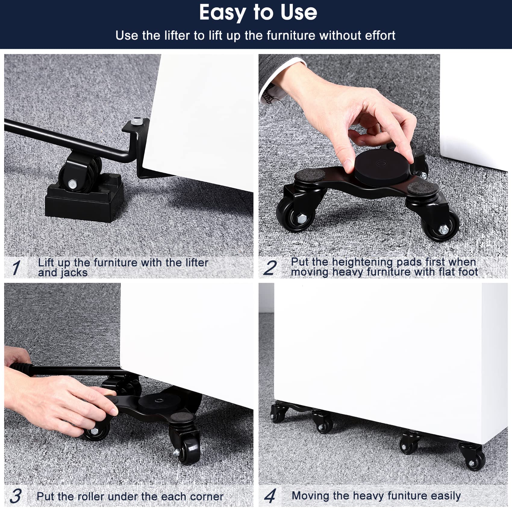 Furniture Mover 4-Pack Steel Tri-Dolly Set, 6-Inch, 132 lbs Load Capacity Each Pack, 3 Wheels Mover Dollys for Moving Heavy Furniture, Grand Piano Table
