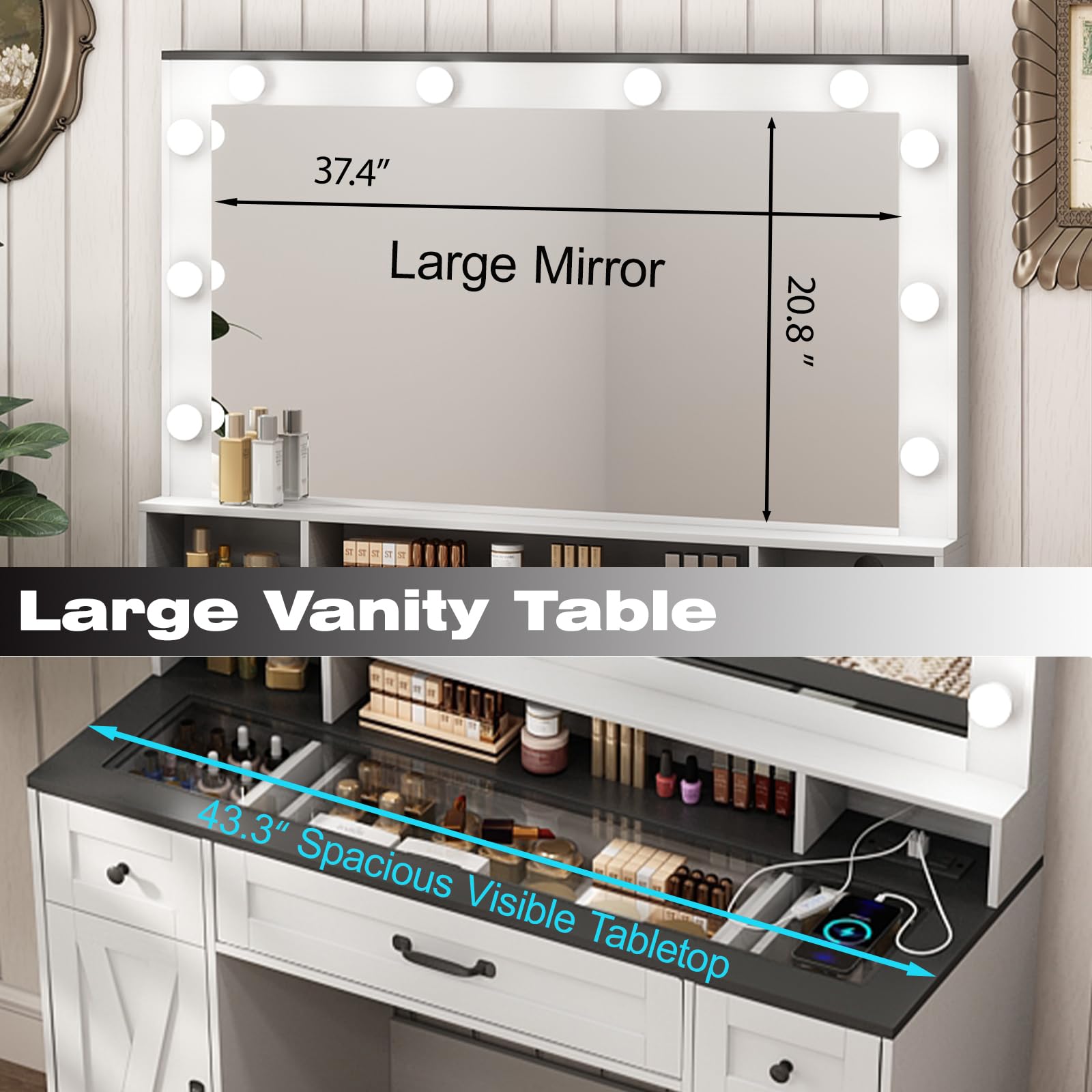 Vabches Vanity Desk with Mirror and Lights,Glass Top,Makeup Vanity Table Set with Stool,Charging Station and 3 Lighting Modes,2 Cabinets 4 Drawers Dressing Table,White