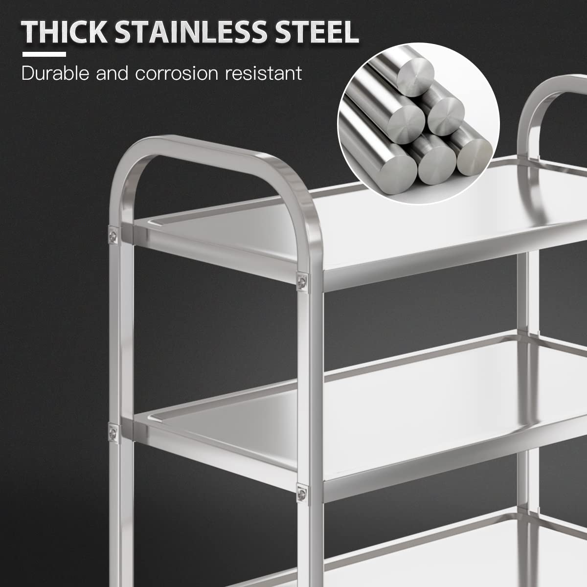 Amarite 3 Shelf Stainless Steel cart,400 lbs,1MM Thick,Serving cart with Wheels, Household, Service Trolley,360°Rotation Storage Shelf with Locking Wheels 29.5 * 15.7 * 37.4'' L*W*H S.
