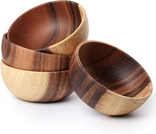Acacia Wood Bowls Small Size for Handmade -Carved Dia 4"x 1.5 H Set of 4 Calabash Bowls (FREE 4 Wood Spoons)