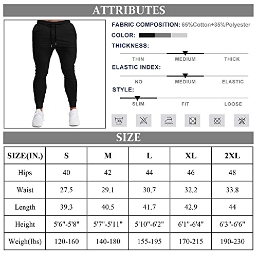 BUXKR Men's Slim Joggers Workout Pants for Gym Running and Bodybuilding Athletic Bottom Sweatpants with Deep Pockets,Black,S