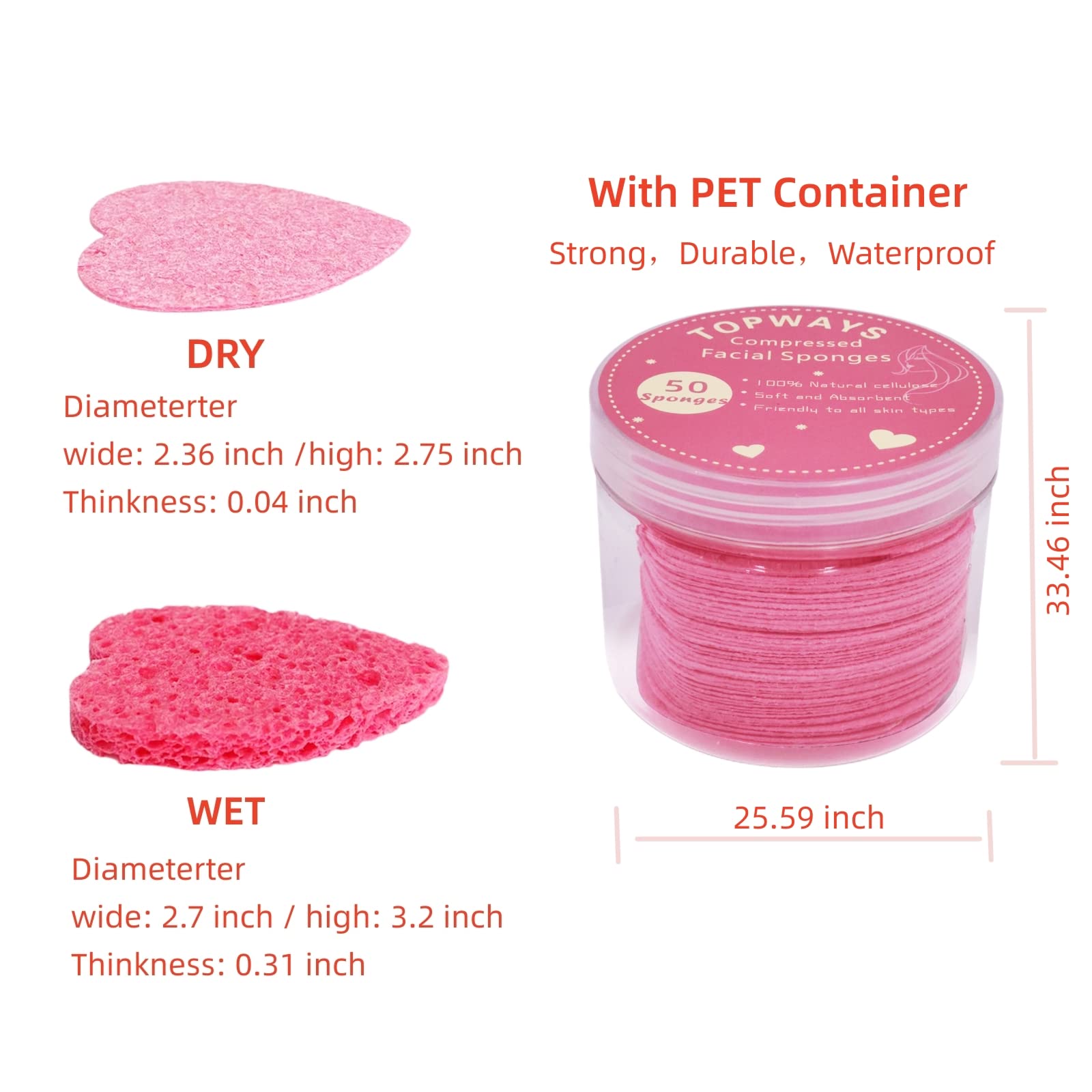 50-Count Compressed Facial Sponges Heart Shape,Reusable Natural Face Sponges Professional Cosmetic Spa Sponges for Face Cleansing, Massage, Pore Exfoliating, Mask, Makeup Removal (Heart, Pink)