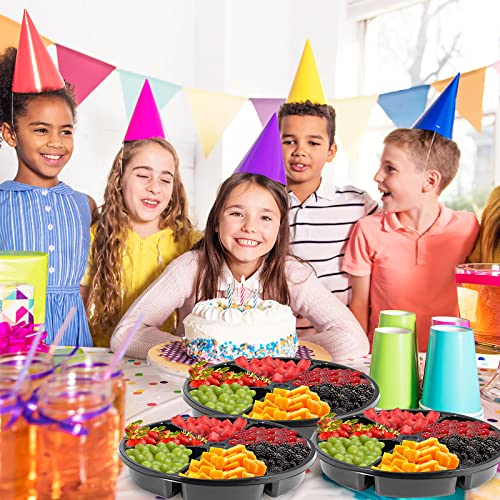 Baderke 10 Pack 10 Inches Round Plastic Serving Tray 6 Sectional Plastic Appetizer Tray with Lid Clear Food Platters Round Platter Container Veggie Fruit Organizer for Party and Buffet (Black)