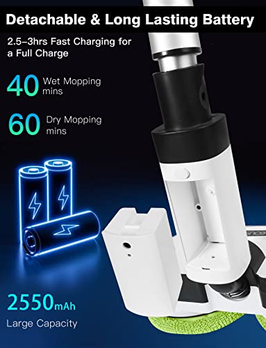 Cordless Electric Mop, Electric Floor Cleaner with LED Headlight & Water Sprayer, Up to 60 mins Detachable Battery, Dual-Motor Powerful Spin Mop with 300ML Water Tank for Multi-Surface, Self-Propelled