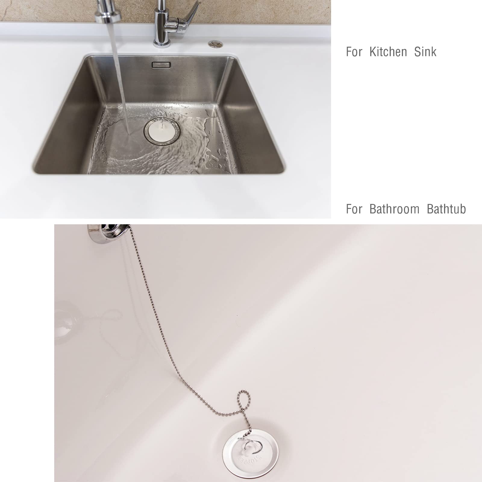 6 Packs Tub Stopper, Rubber Bathtub Stoppers Drain Plug, 2Pcs 15" Stainless Steel Beaded Chain, 6 Different Sizes Premium Bathroom Plug Fit for Kitchen, Bathroom Bath tub and Laundry Sink, White