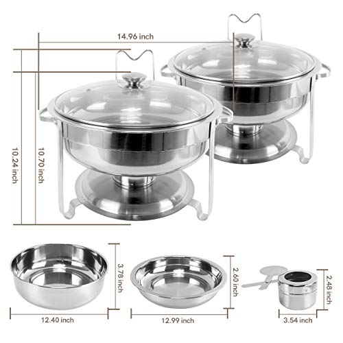 BriSunshine 2 Packs 4 QT Round Chafing Dish Set, Stainless Steel Chafing Dishes for Buffet, Food Warmers with Glass Lid & Holder for Weddings Parties Catering