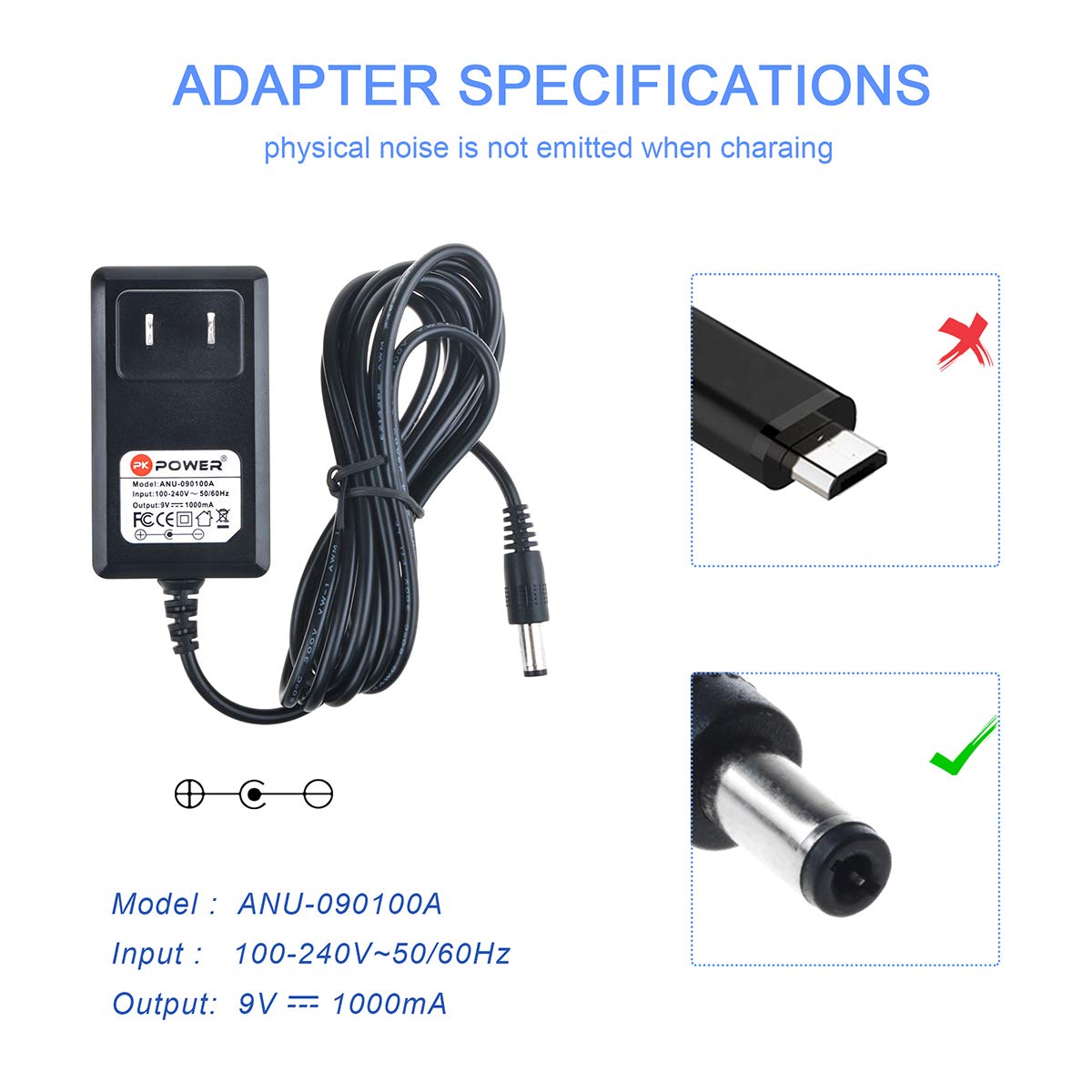 PK Power PW-CT-9V DC Power Adapter –Minimize Need to Change Batteries on Pedalboard and Other Devices Requiring 9V – 1000mA Max Current – Center Negative with 6.6FT Cord Power Supply