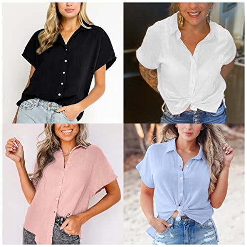 Davenil Women Short Sleeve Button Down Shirts Linen Casual Collar Blouses Light Green Size L