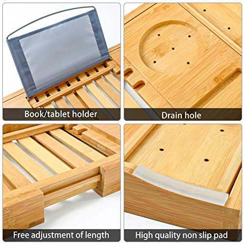 Bamboo Bathtub Trays Bath Table Expandable Luxury Caddy Tray with Extending Sides, Cellphone,Book,Tray and Wineglass Holder- Gift Idea for Loved Ones