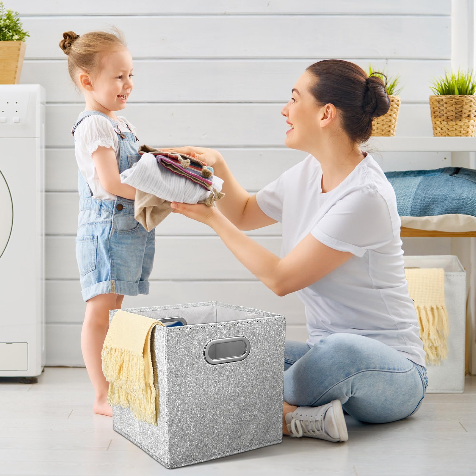 Tioncy 6 Pcs Silver Storage Cubes Shiny 11 x 11 x 11 Inch Storage Basket with Handles Collapsible Storage Bins Container Fabric Large Toys Clothes Organizer Box for Home Desktop Closet Shelf