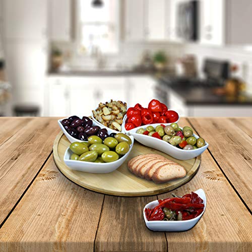 Elama Signature 7 Piece Modern Lazy Susan Appetizer and Condiment Server Set with 6 Unique Design Serving Dishes and a Bamboo Lazy Suzan Serving Tray, 13.5" L