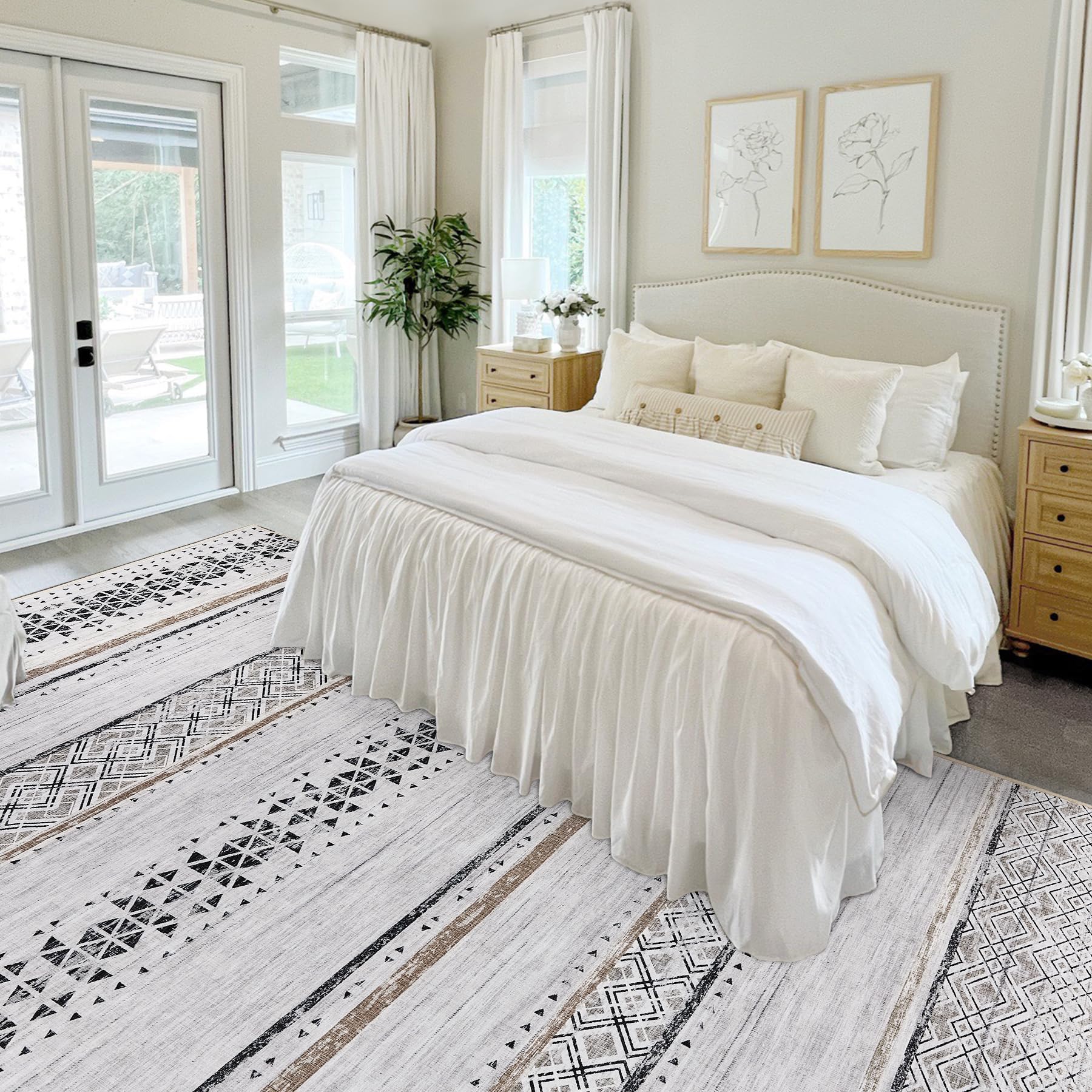 8x10 Area Rugs for Living Room Bedroom: Large Machine Washable Rug with Non-Slip Backing Non Shedding Stain Resistant, Soft Geometric Moroccan Carpet for Dining Room Nursery Home Office - Brown/Ivory