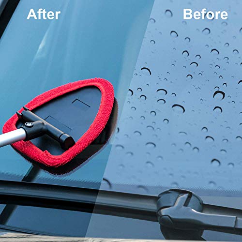 Windshield Window Cleaner Tool, Unbreakable Extendable Long-Reach Handle, Unique Pivoting Triangular Head, 3 Washable Reusable Microfiber Bonnets, Car & Home Inside Interior Exterior Use - Lint Free
