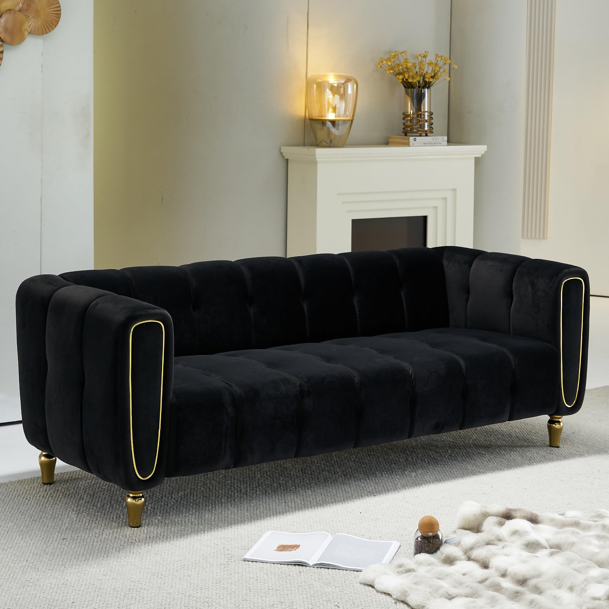 Homtique Modern Sofa for Living Room, Oversized Sofa-83inch Comfy Velvet Sofa, Channel-Tufted Design Couch Deep Seat for Bedroom, Studio, Office (Black)