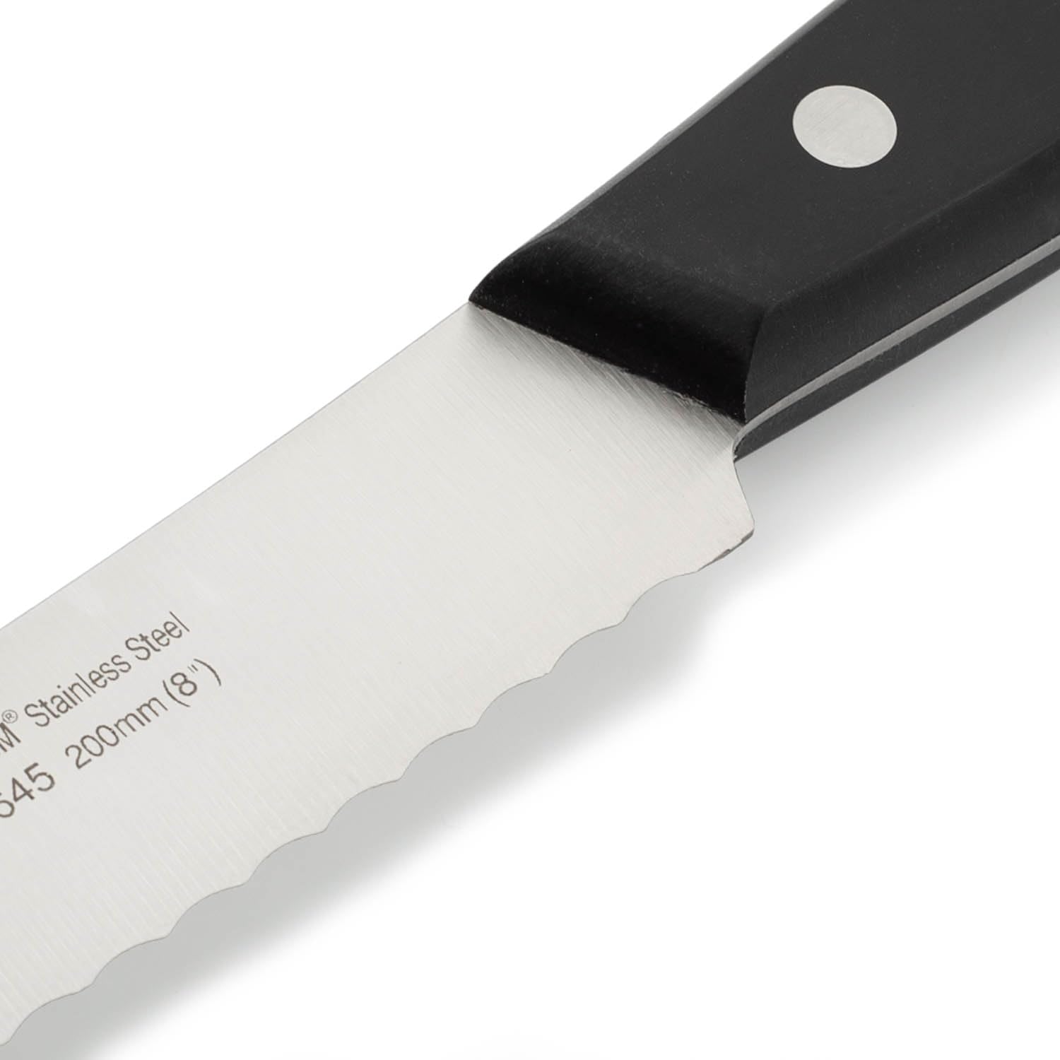 ARCOS Bread Knife 8 Inch Serrated Nitrum Stainless Steel and 200 mm blade. Kitchen Knife. Ergonomic Polyoxymethylene POM Handle. Series Bolonia. Color Black