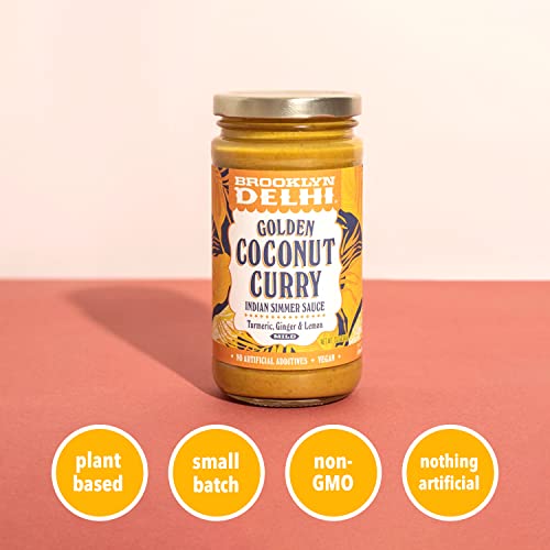 Brooklyn Delhi Golden Coconut Curry - Indian Simmer Sauce with Turmeric, Ginger, Lemon, & Coriander - 12 Ounces - Mild Enough for a kid, Flavorful Enough for a Foodie - Vegan - No Artificial Additives
