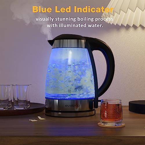Evoloop Electric Tea Kettle 1.7L Hot Water Boiler, 1500W Glass Water Kettle with Auto Shut-Off & Boil Dry Protection, BPA Free, Cordless Base & LED Indicator