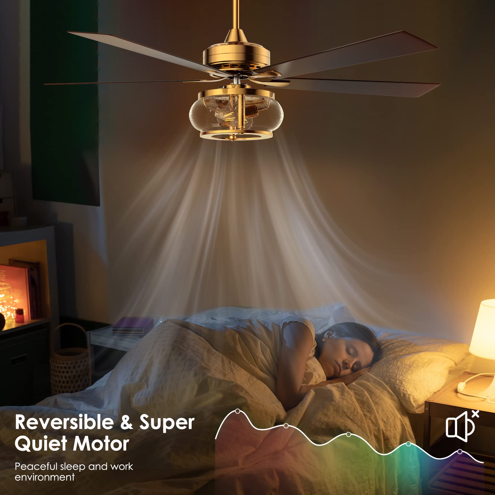ADIUIVE Ceiling Fan with Lights, 60 Inch, 5-Blade, Low Profile, Brass Finish, Black & Golden, Farmhouse Style, Indoor Outdoor, Remote Control, LED Light, Ceiling Mount
