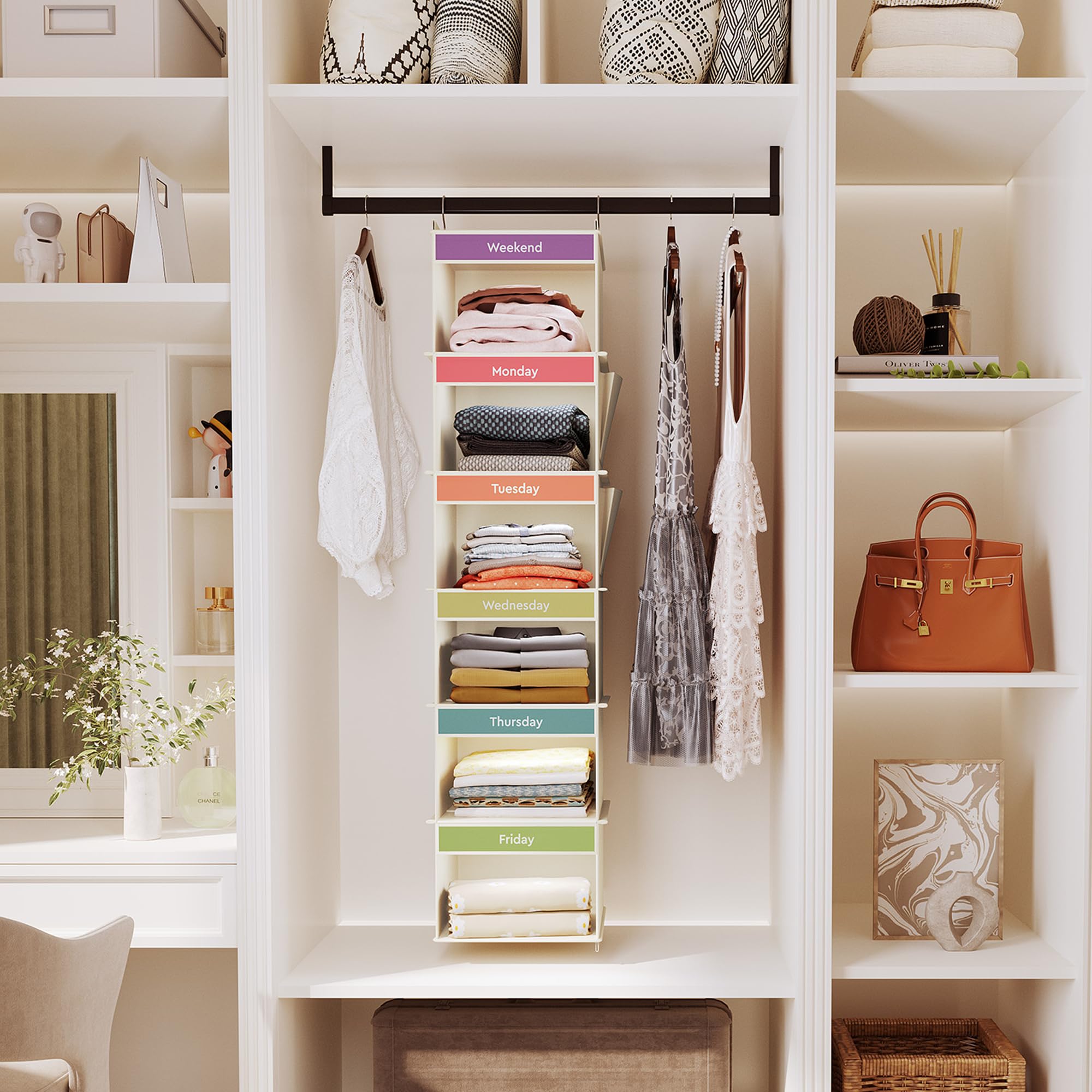 YOUDENOVA 6-Shelf Weekly Hanging Closet Organizer, Closet Organizers with 2 Side Pockets, Closet Hanging Organizers for Kids, Khaki