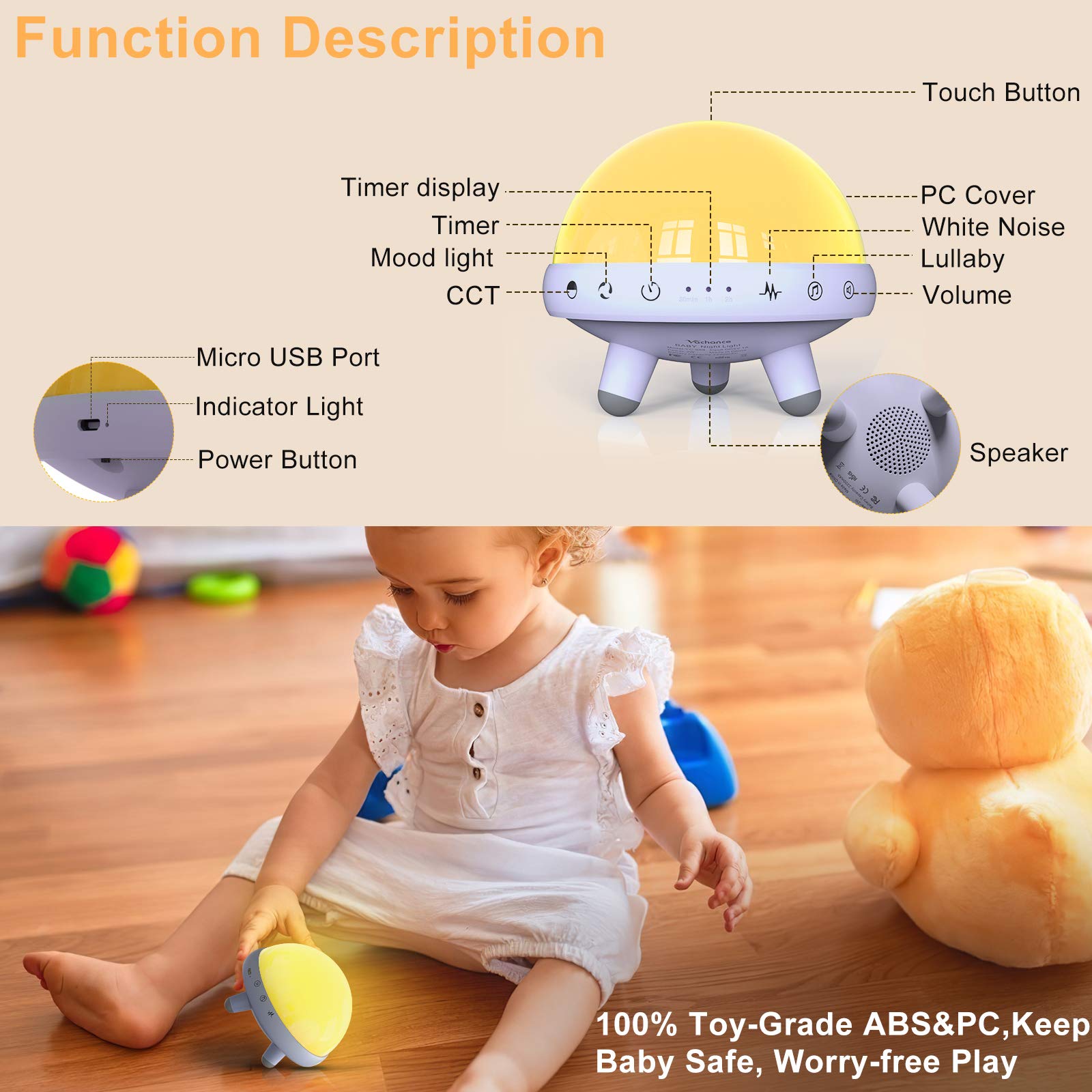 YACHANCE Night Light for Kids White Noise Sound with Color Changing Dimming Function Baby Night Light Rechargable Touch Control 31 Nice Sounds,3 Night Modes,7 Color and 256 RGB,...Purple