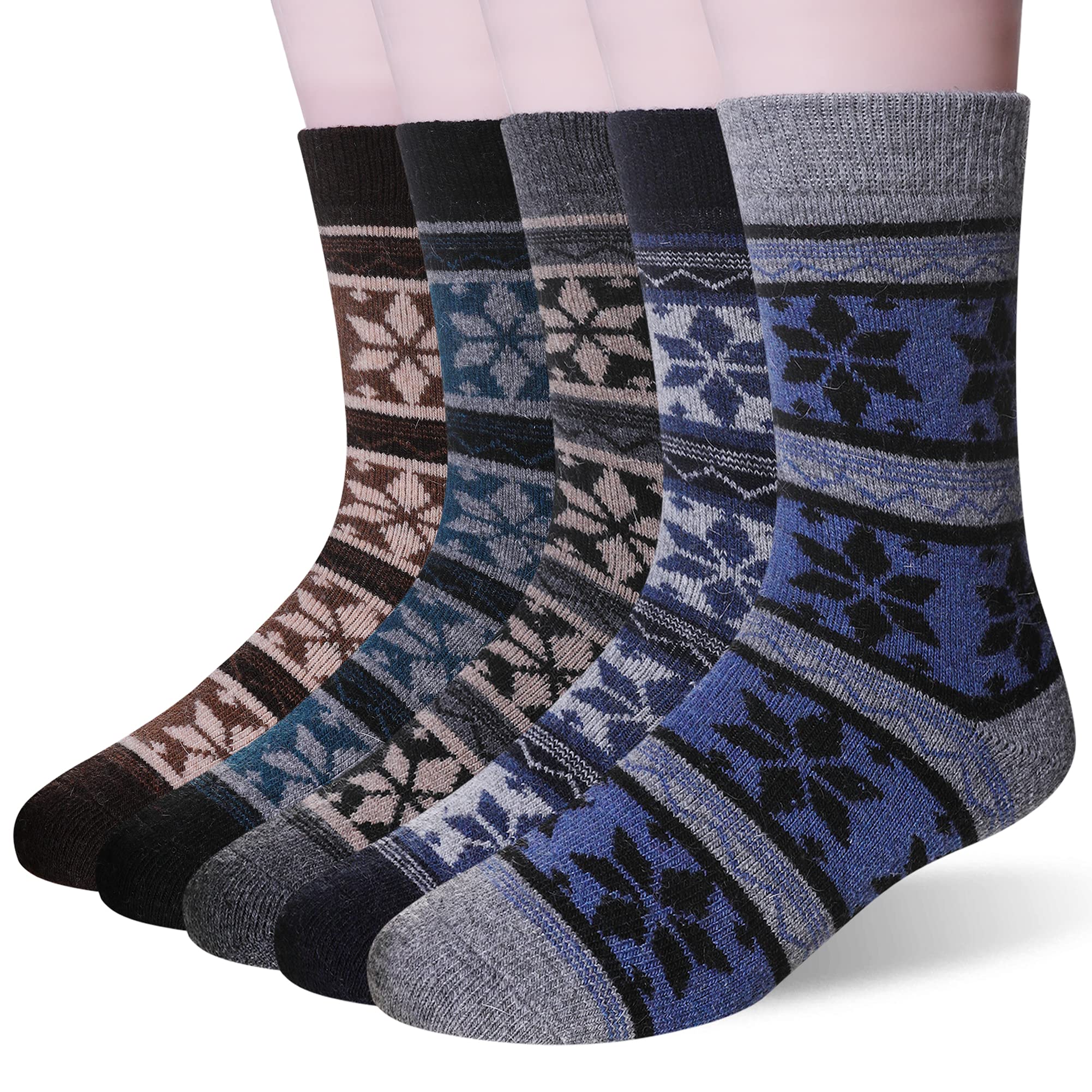AMENLAN Men Merino Wool Socks Soft Cozy Warm Thermal Thick Hiking Heavy Work boot Winter Crew Socks 5 Pack (Snowflake C)