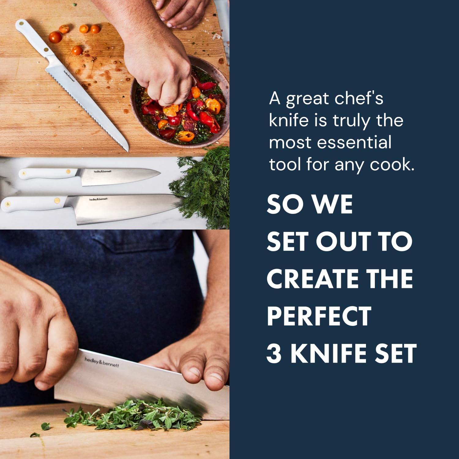 hedley & bennett Kitchen Knife Set - 3 Piece Ultra Sharp High Carbon Steel Chef Knife Set - Professional Knife Set - Japanese & German Steel Blend - Chef's Knife - Bread Knife & Utility Knife - Shiso