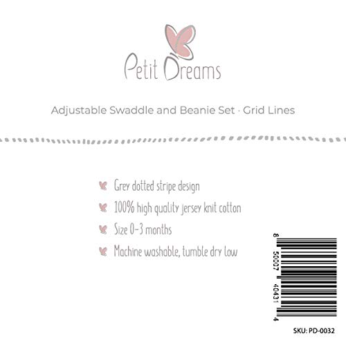 Petit Dreams Adjustable Swaddle and Beanie Set Jersey Knit Cotton for Baby Boy Or Baby Girl from 0-3 Months, Grey Dotted Stripes