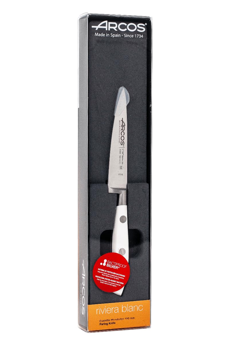 ARCOS Forged Paring Knife 4 Inch Stainless Steel. Kitchen Knife for Peeling Fruits and Vegetables. Ergonomic Polyoxymethylene Handle and 100mm Blade. Series Riviera Blanc. Color White