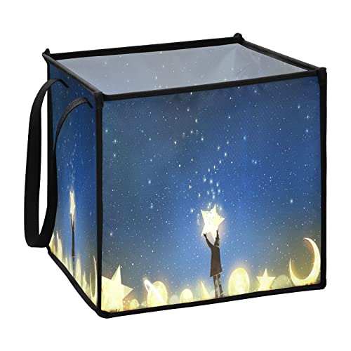 Blueangle Glowing Planet Little Boy Cube Storage Bin with Handles, 13 x 13 x 13 in, Large Collapsible Organizer Storage Basket for Home Décor(336)