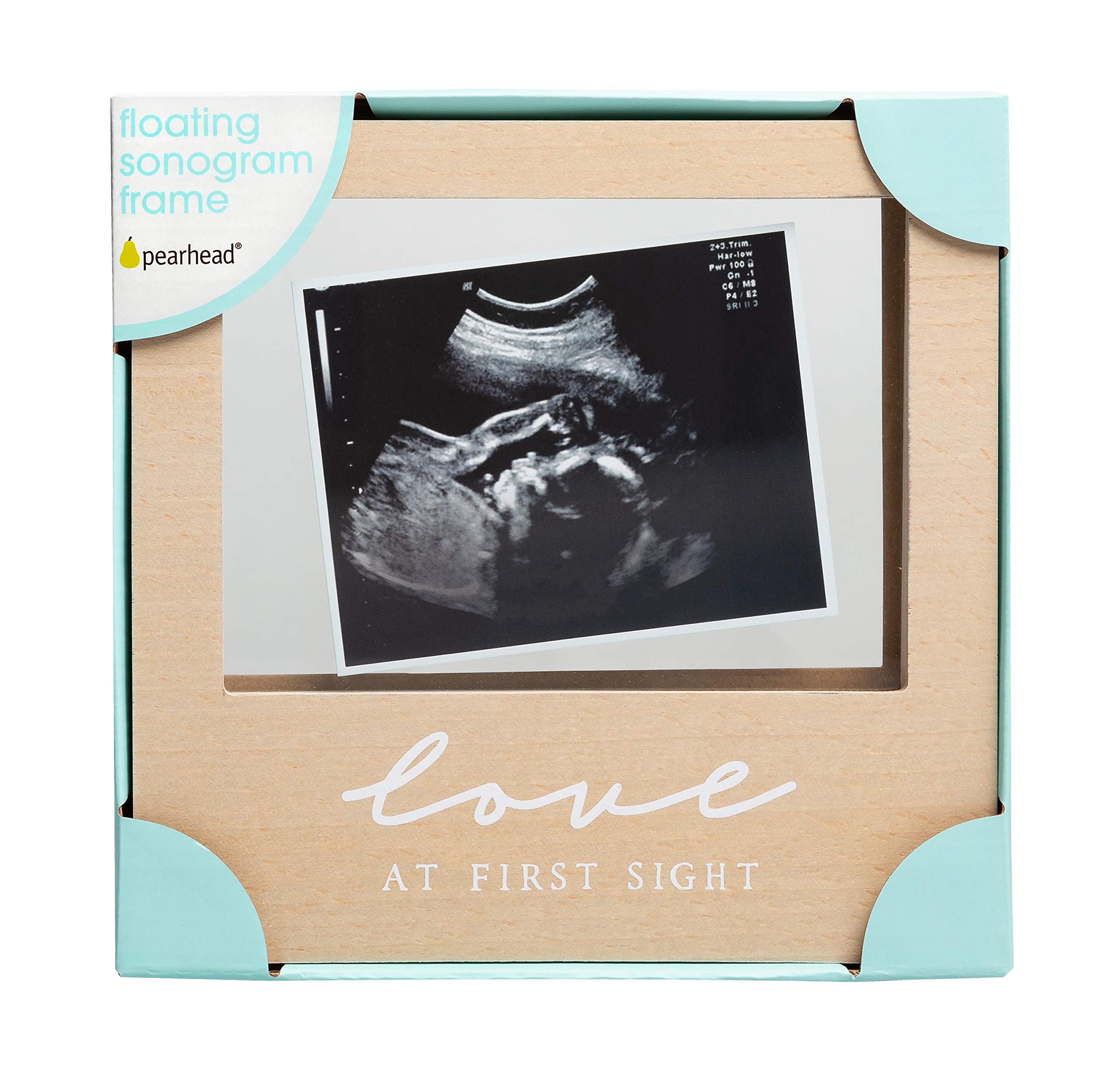 Pearhead Floating Sonogram Frame, Love at First Sight Ultrasound Frame, Gender-Neutral Baby Frame, Wooden