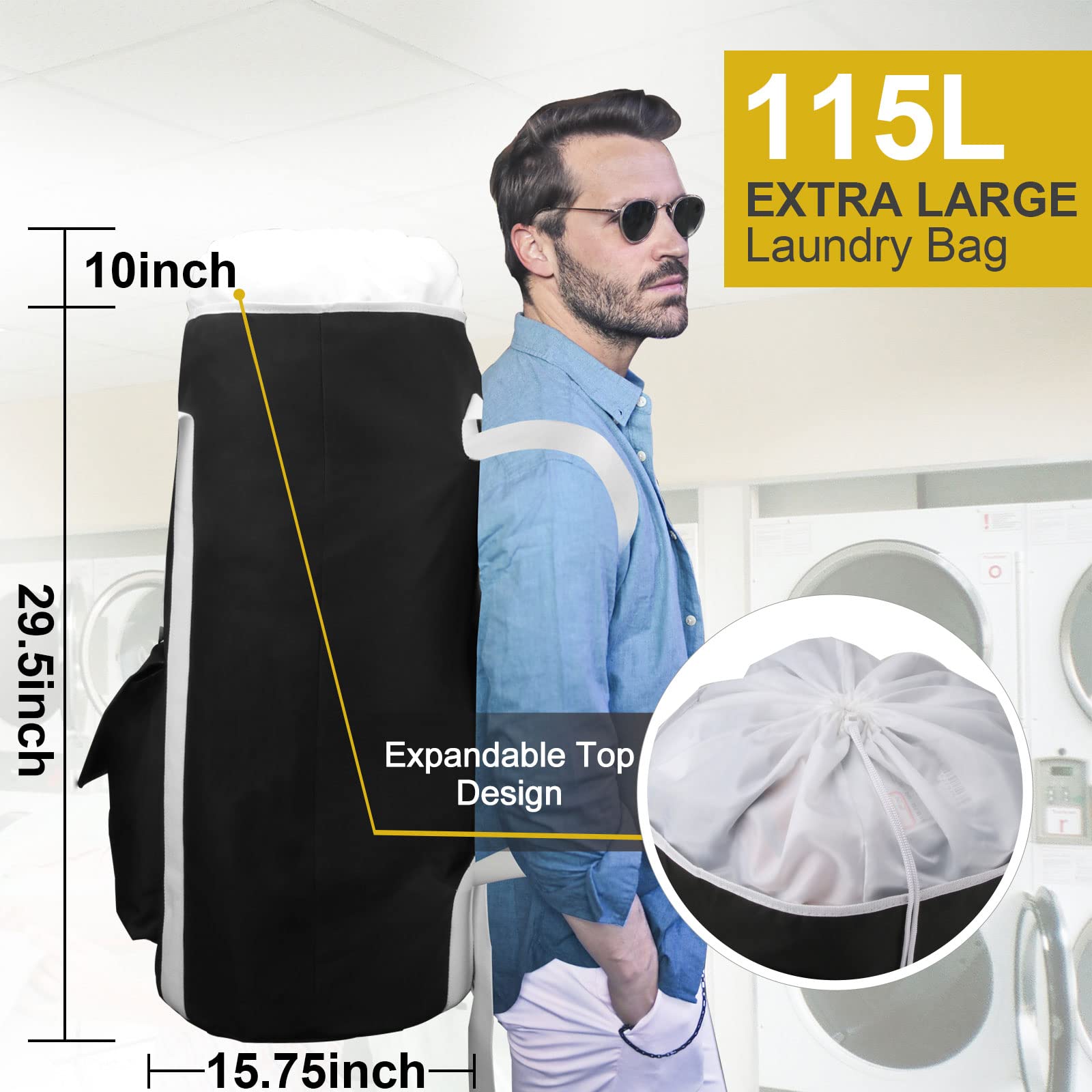 Backpack Laundry Bag - 115L Laundry Bag Backpack Heavy Duty Extra Large with Shoulder Straps and Drawstring Closure - Durable Laundry Bag for Laundromat, College Dorm, Travel, Camping (115L-Black)