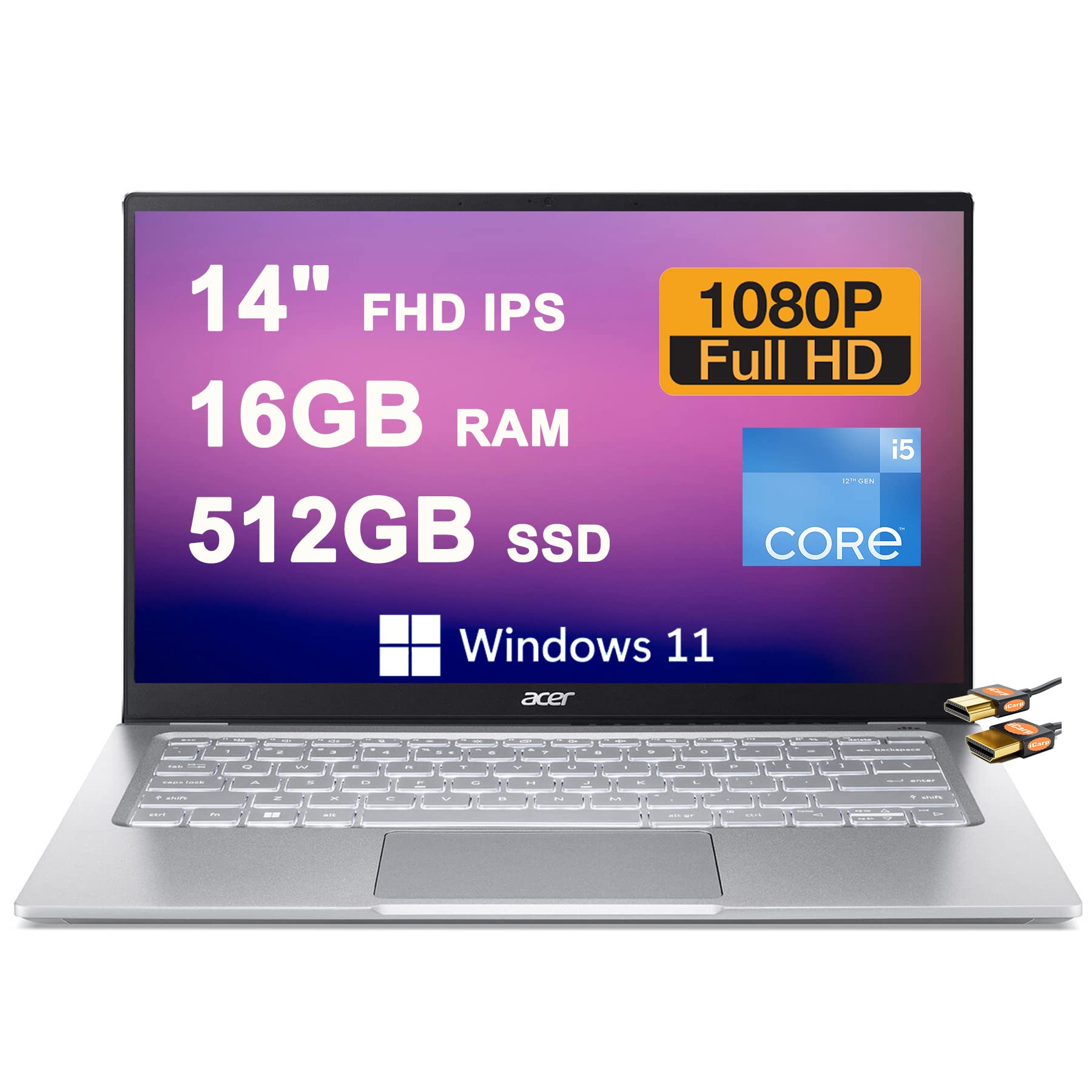 acer (Renewed) Swift 3 14 Business Laptop 14" FHD IPS Display 12th Gen Intel 12-Core i5-1240P Processor (Beats i7-1165G7) 16GB RAM 512GB SSD Fingerprint Backlit USB-C Thunderbolt Win11 + HDMI Cable