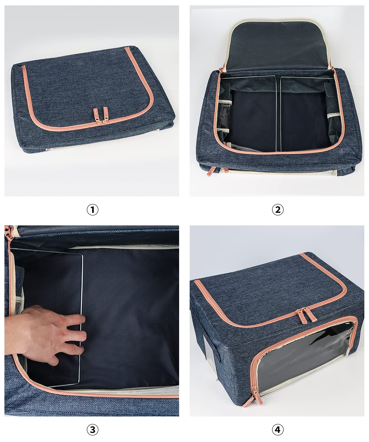 Pranski 2-PACK Clothes Storage Bins Box, Linen Fabric Foldable Cloth Container with Clear Window & Carry Handles Metal Steel Frame - Large Capacity for Closet, Blankets, Toys, Books (Blue, 22L)
