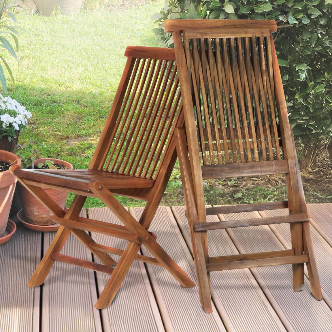 All Things Cedar TF22-2 Teak Folding Chair Set | Outdoor Patio Wooden Foldable Chairs | Fully Assembled, Java Finish, Solid Brass Fittings | Portable Outdoor Chairs 18x23x36