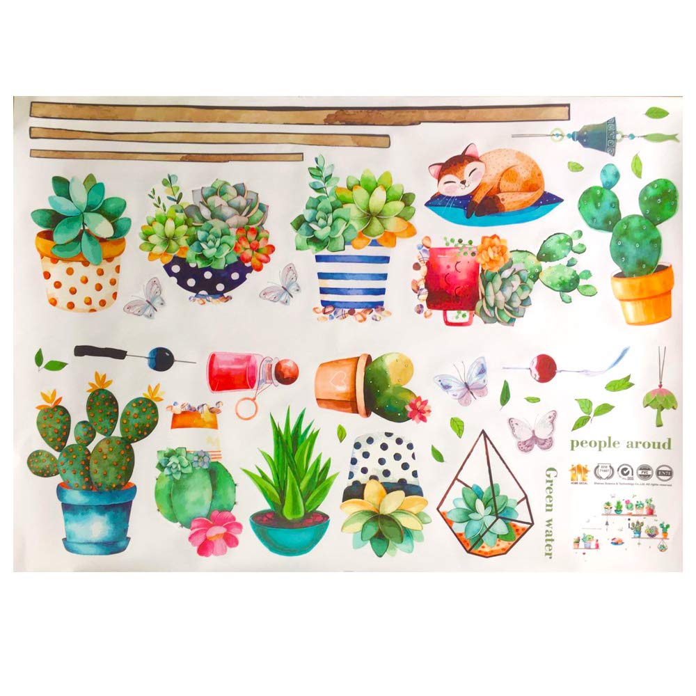 Watercolor Cactus Succulent Plants Wall Decals, Collage Green Plants Wall Stickers, Removable Pastoral Art Wall Decor for Kids Room, Bedroom, Nursery Room,Living Room (Potted Stickers)